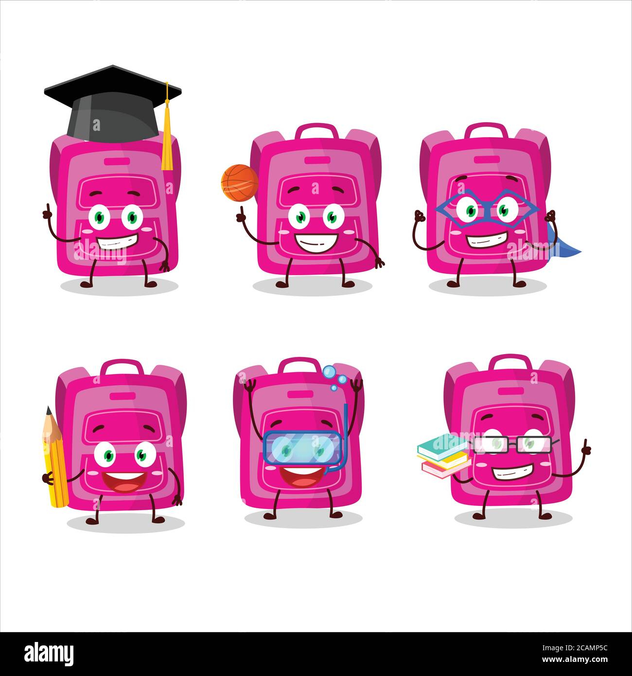 School student of pink school bag cartoon character with various ...