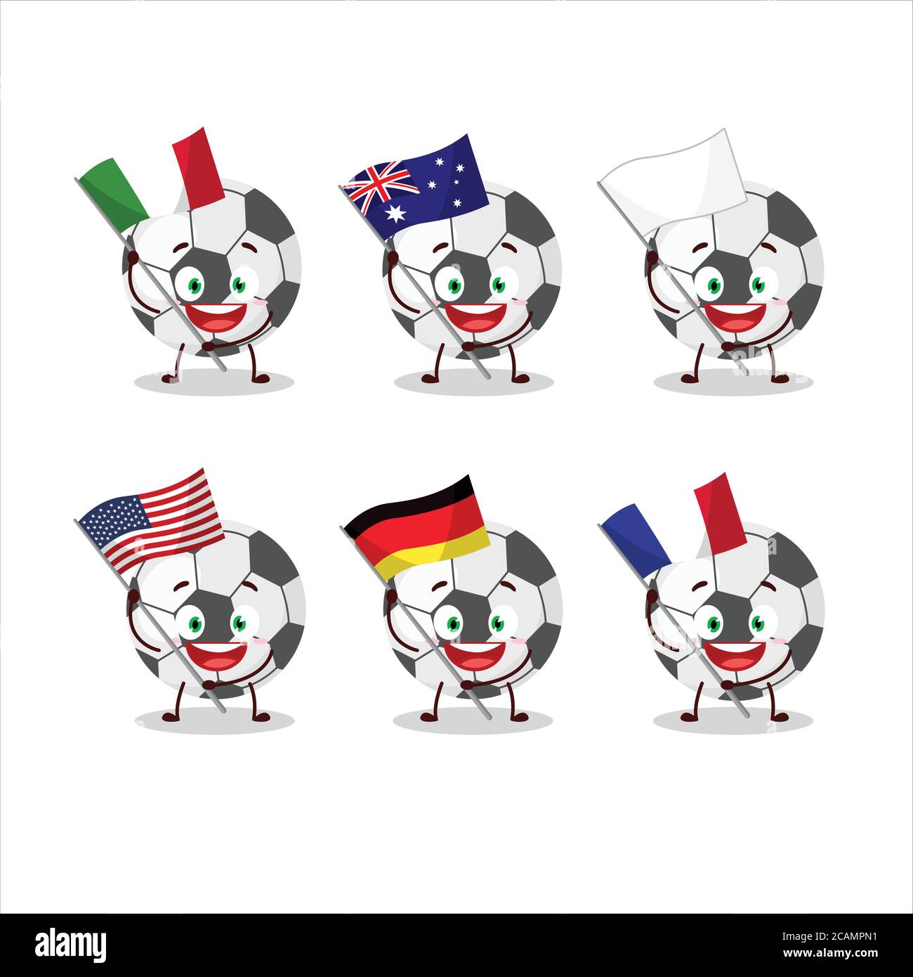Soccer ball cartoon character bring the flags of various countries ...