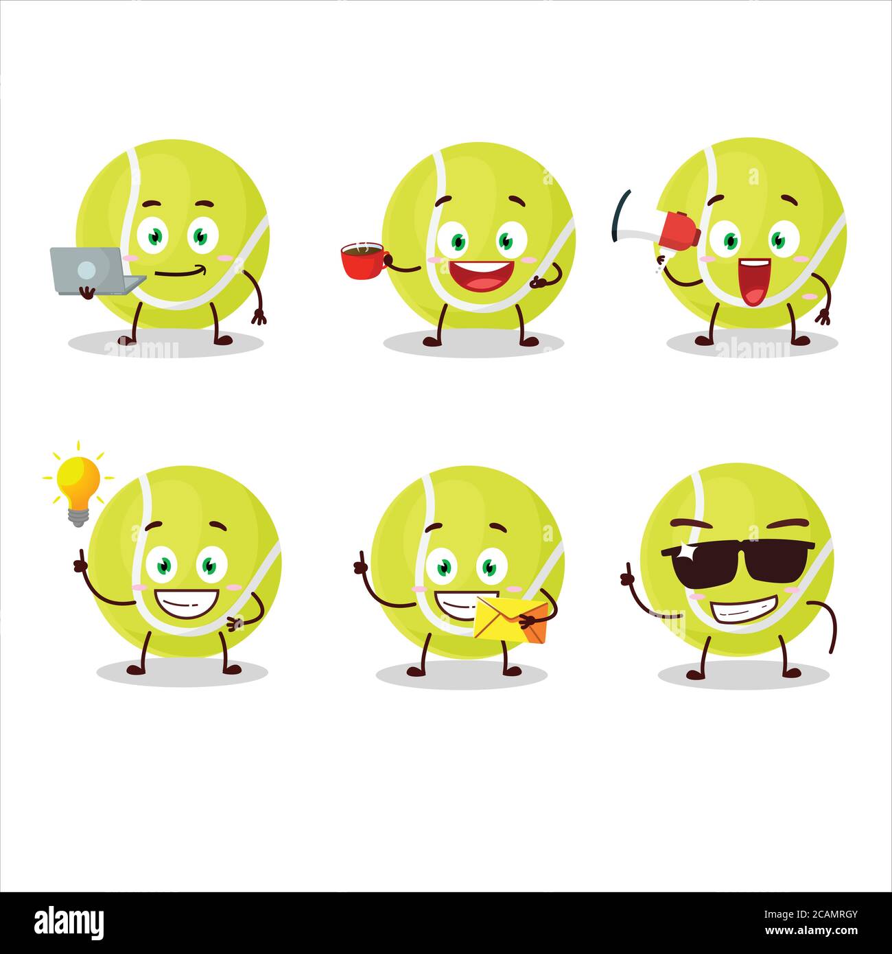 Tennis ball cartoon character with various types of business emoticons ...