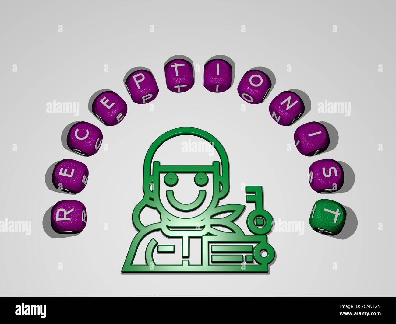 receptionist icon surrounded by the text of individual letters, 3D ...