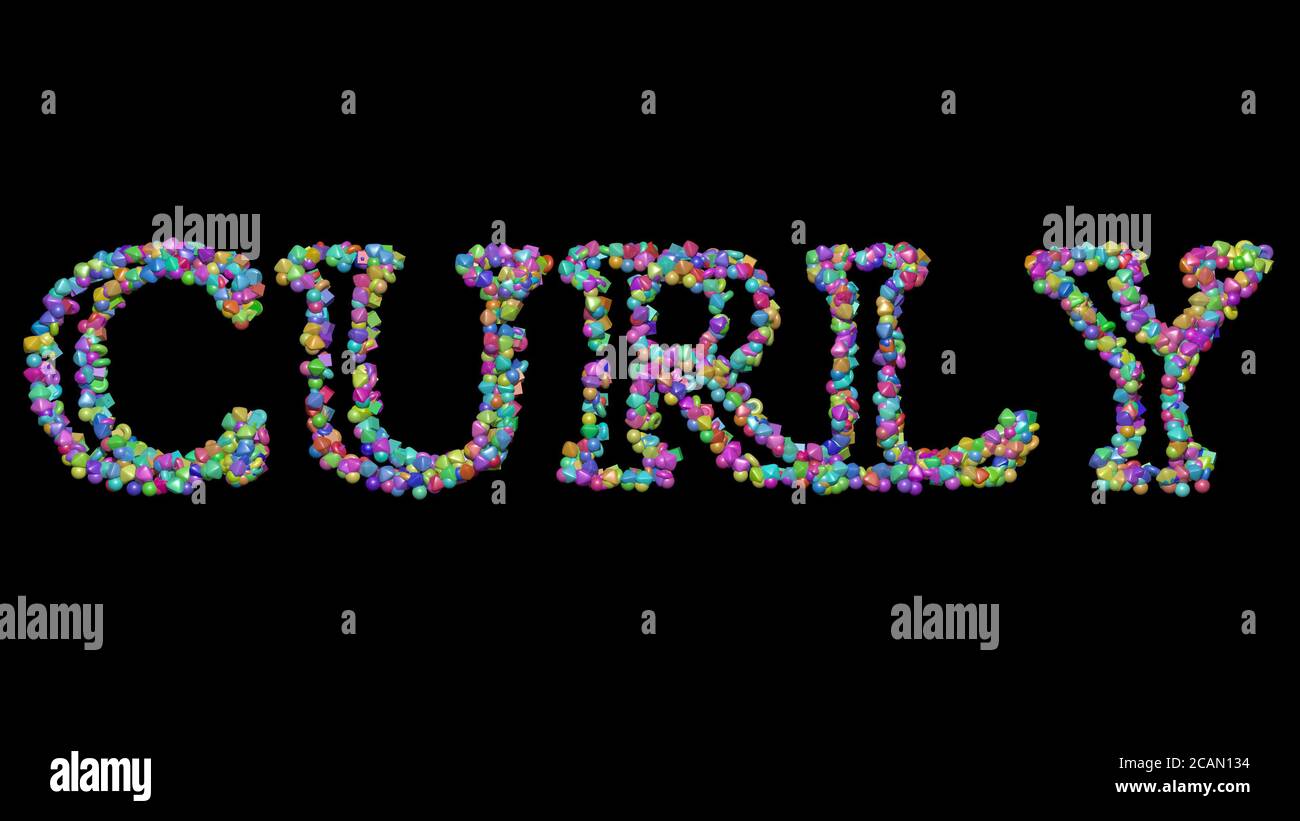 CURLY: 3D illustration of the text made of small objects over a black ...