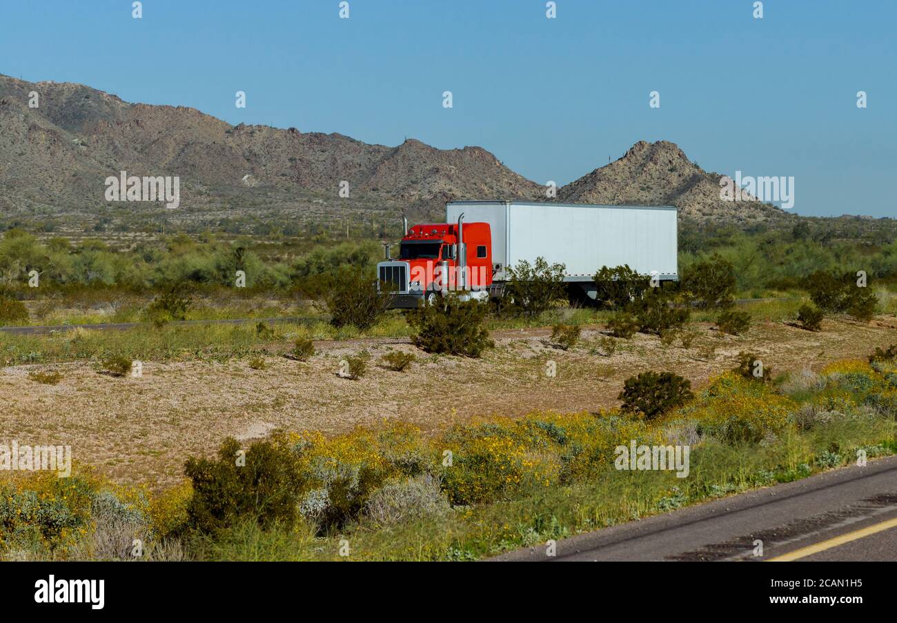 Classic American big rig semi truck with transporting on flat bed semi ...