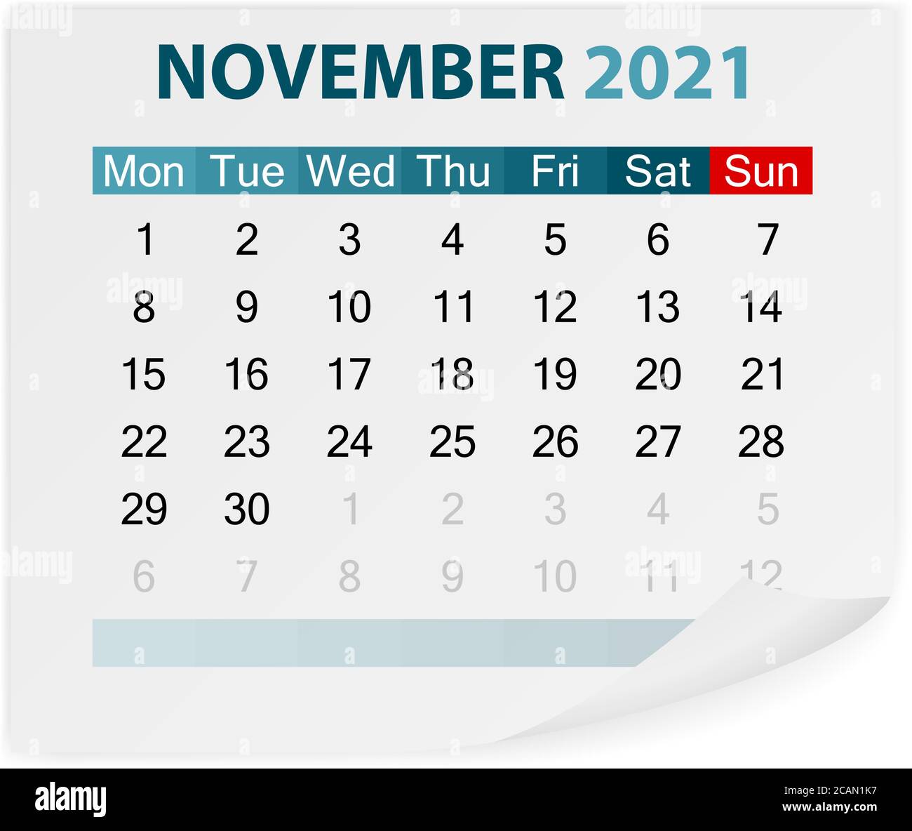 Calendar November 2021 on a white background. Vector illustration Stock ...