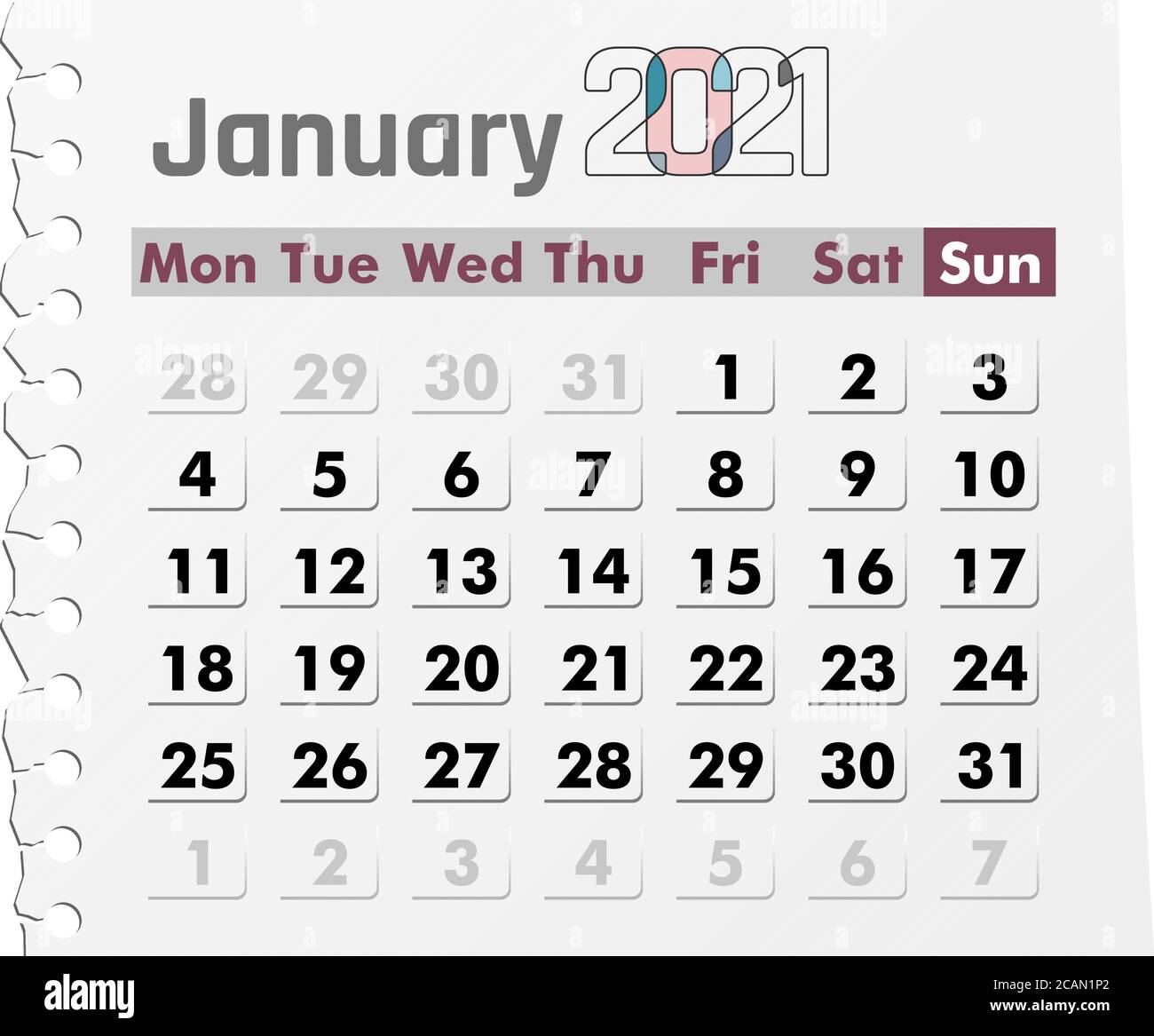 Calendar January 2021 on a white background. Vector illustration Stock ...