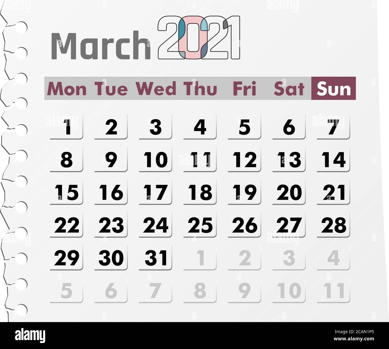Calendar March 2021 on a white background. Vector illustration Stock ...