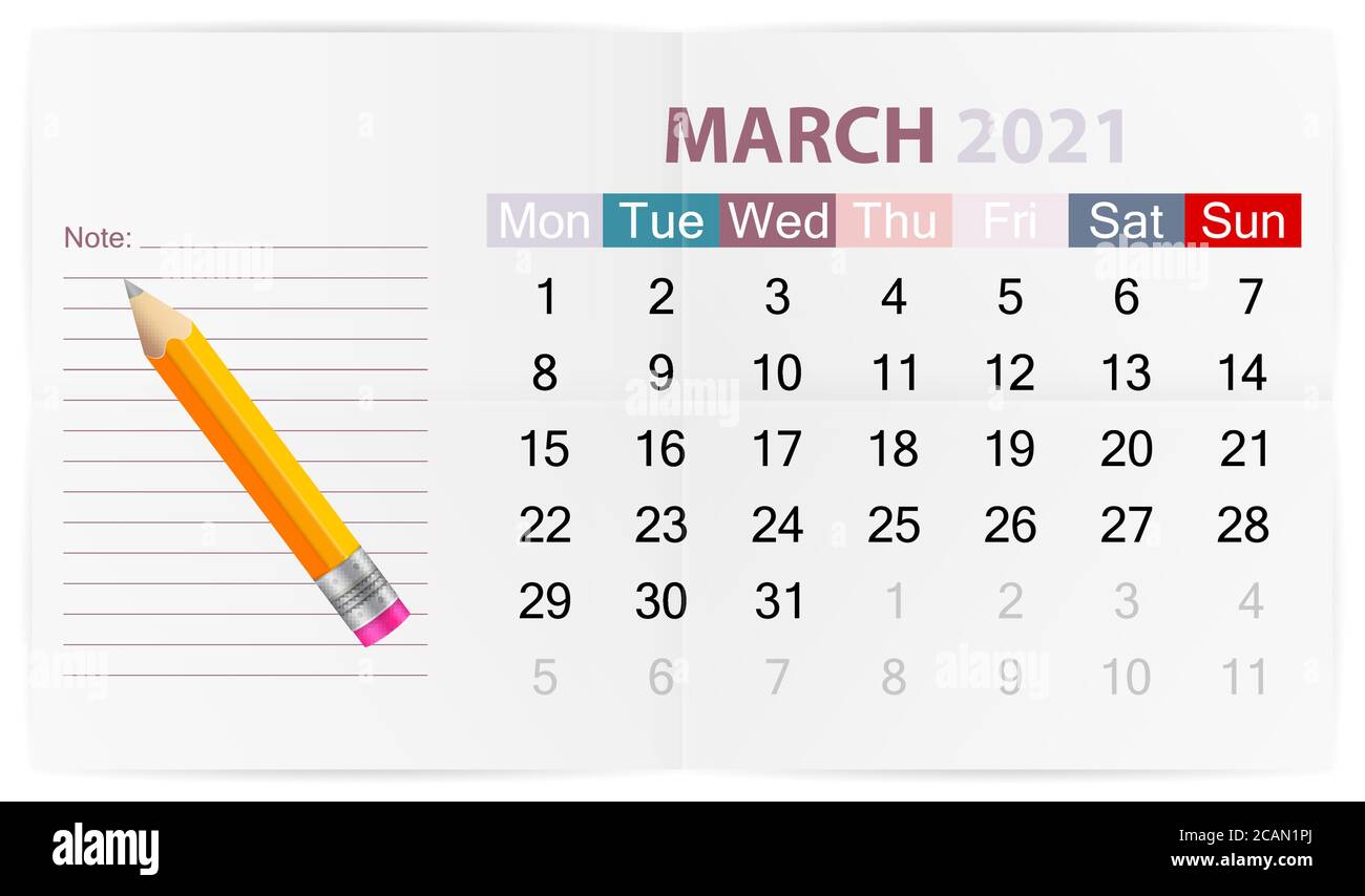 Calendar March 2021 on a white background. Vector illustration Stock ...