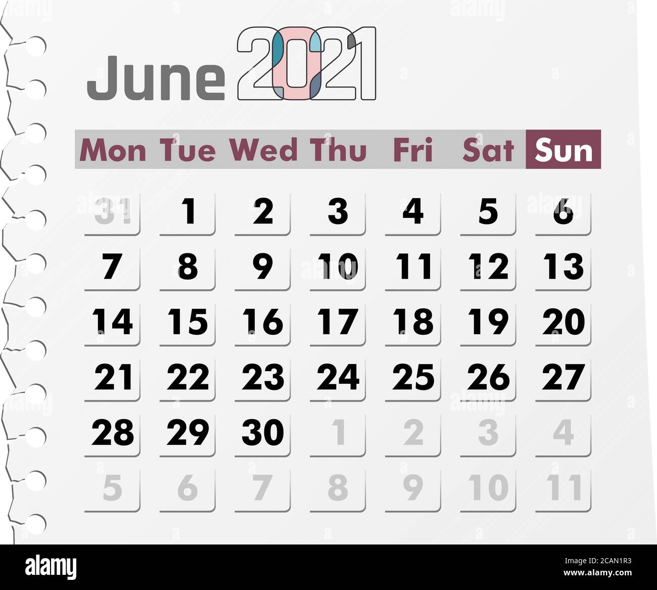 Calendar June 2021 on a white background. Vector illustration Stock ...