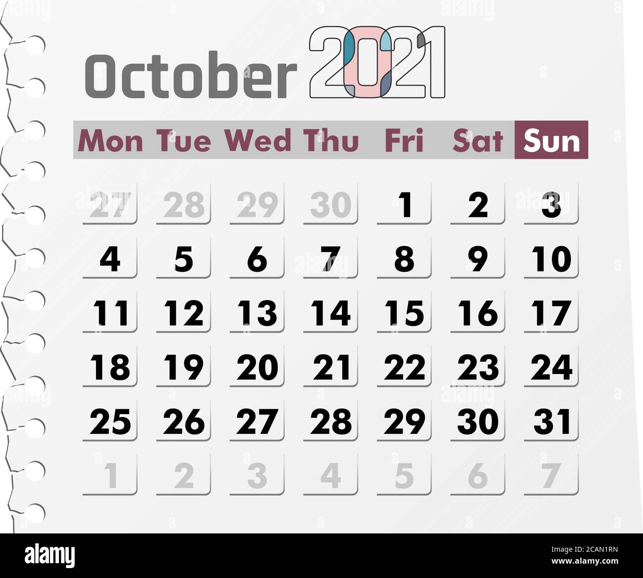 Calendar October 2021 on a white background. Vector illustration Stock ...