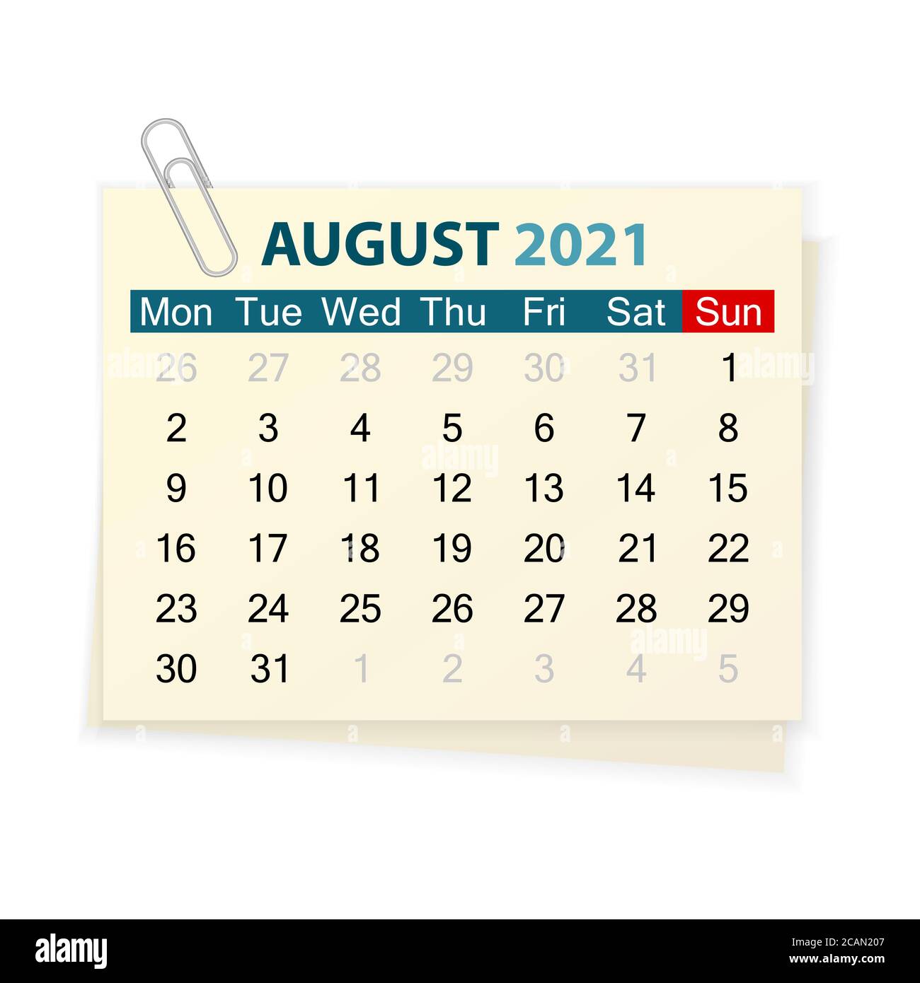 Calendar August 2021 on a white background. Vector illustration Stock ...