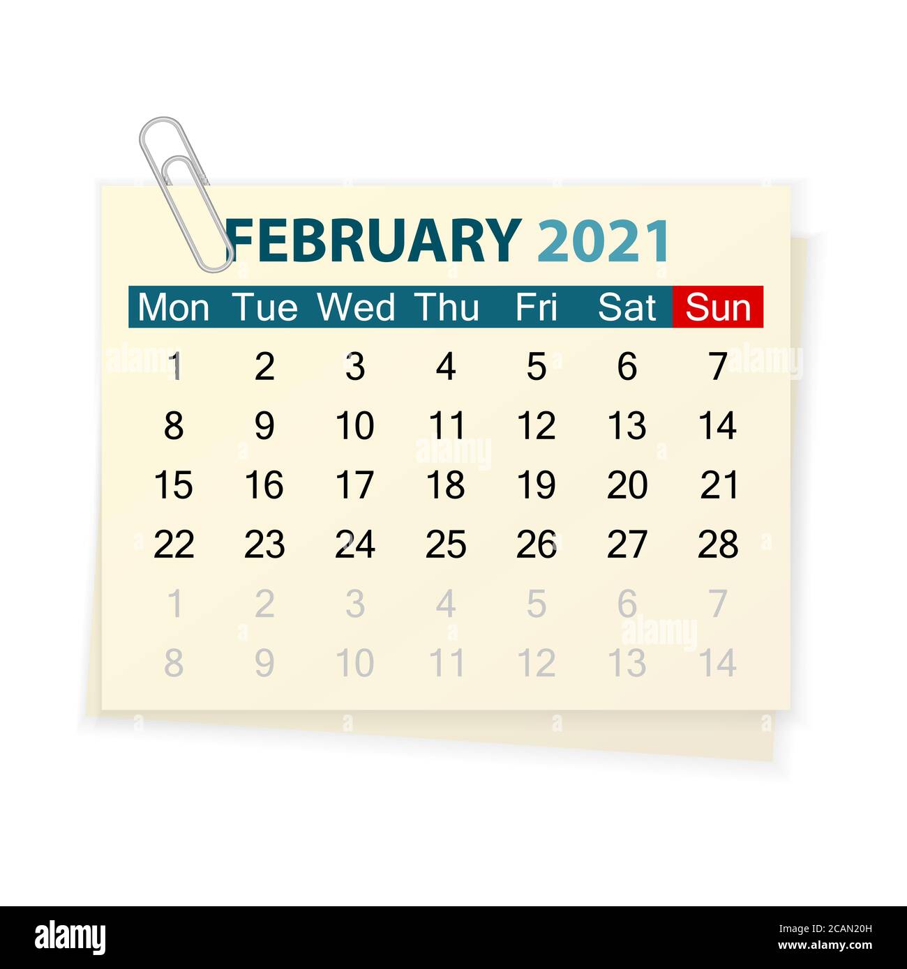 Calendar February 2021 on a white background. Vector illustration Stock ...