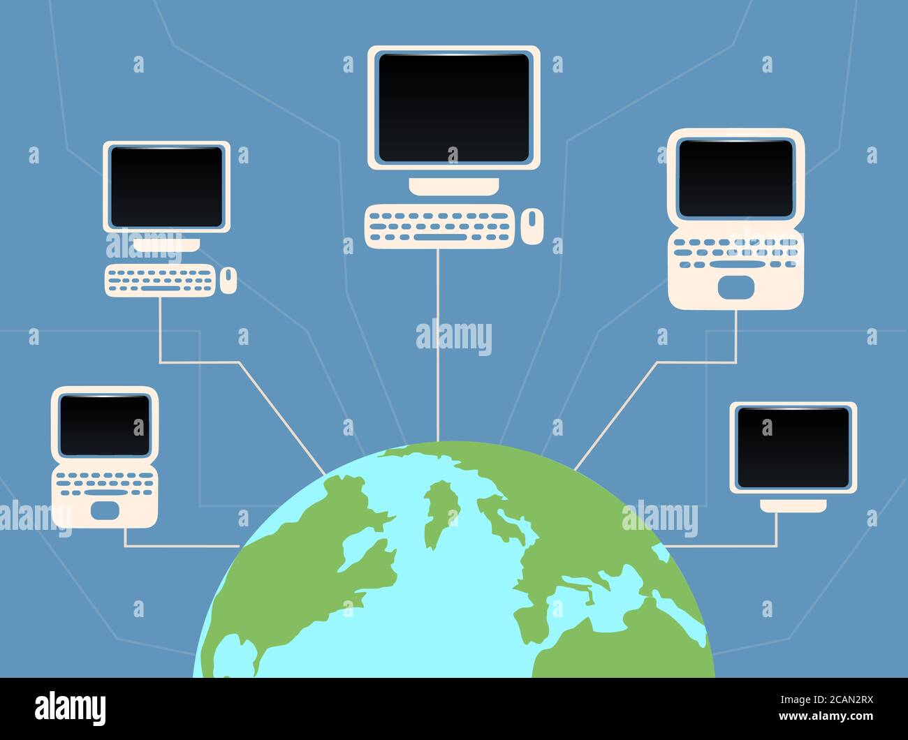 Vector flat illustration planet earth and connected computers.Internet ...