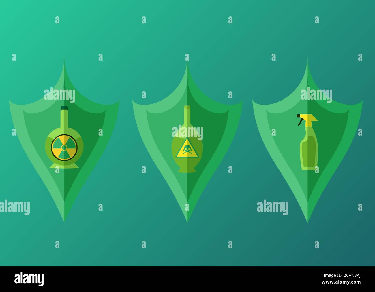 Set of vector flat shields with radioactive and hazardous chemicals ...