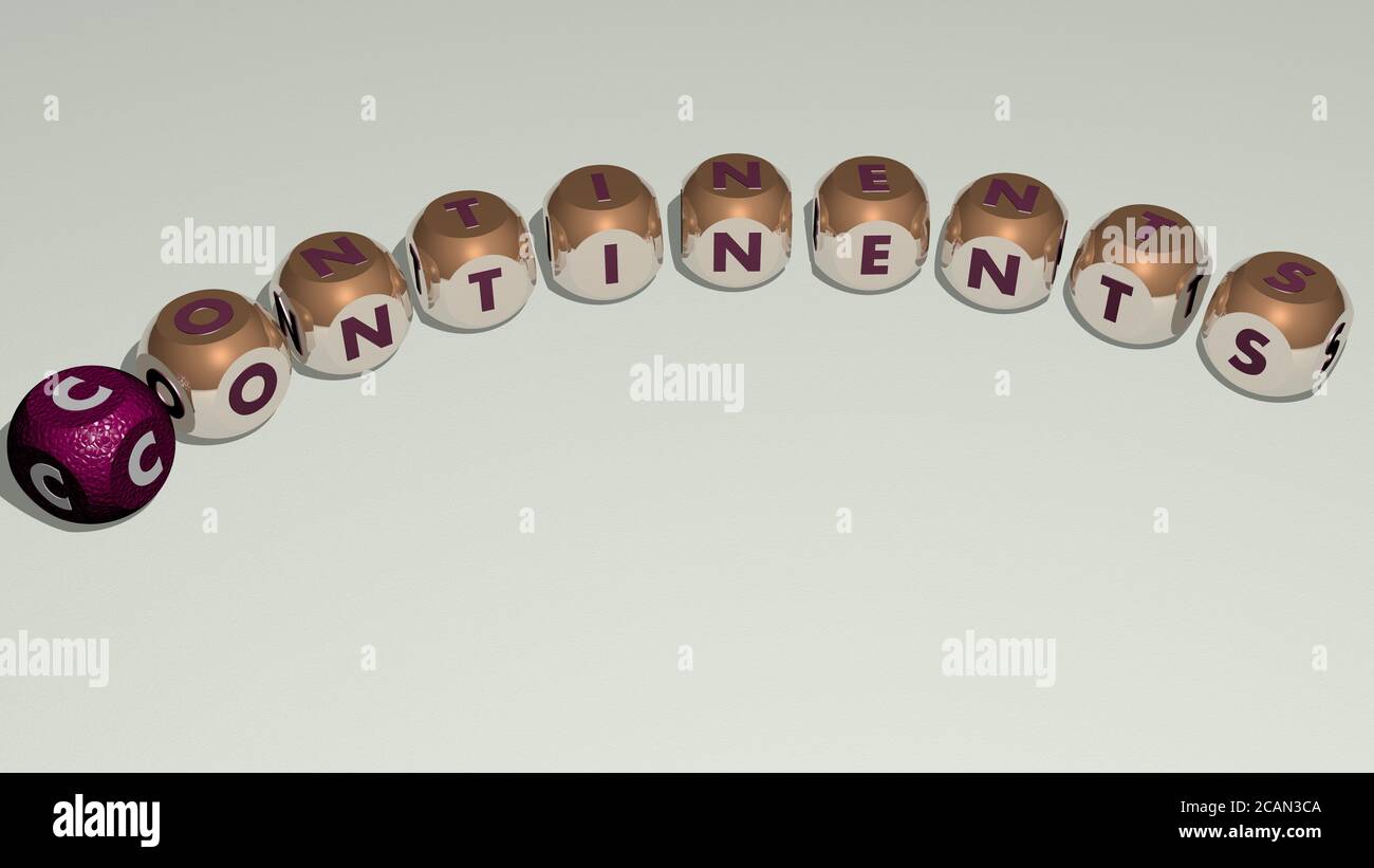 CONTINENTS curved text of cubic dice letters - 3D illustration for map ...