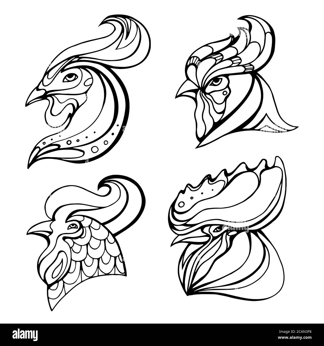 Set of doodle rooster heads with boho pattern. Vector element for logos ...