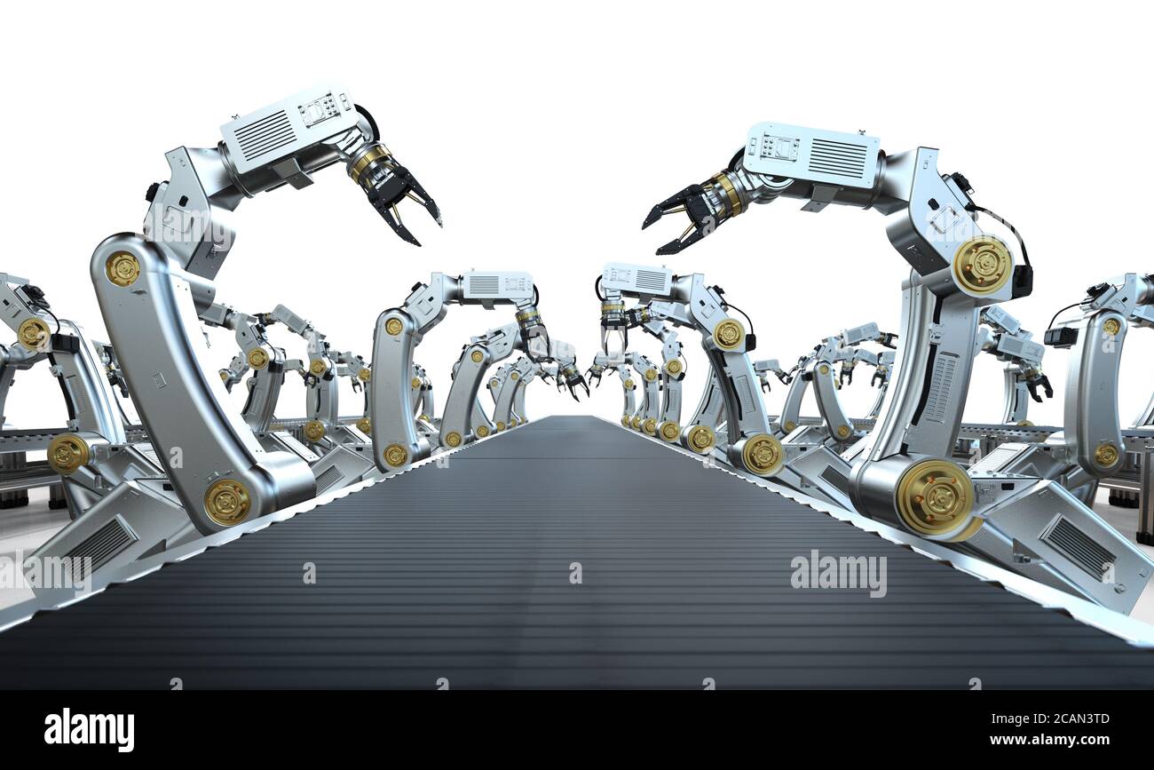 Automation industry concept with 3d rendering robot assembly line in ...
