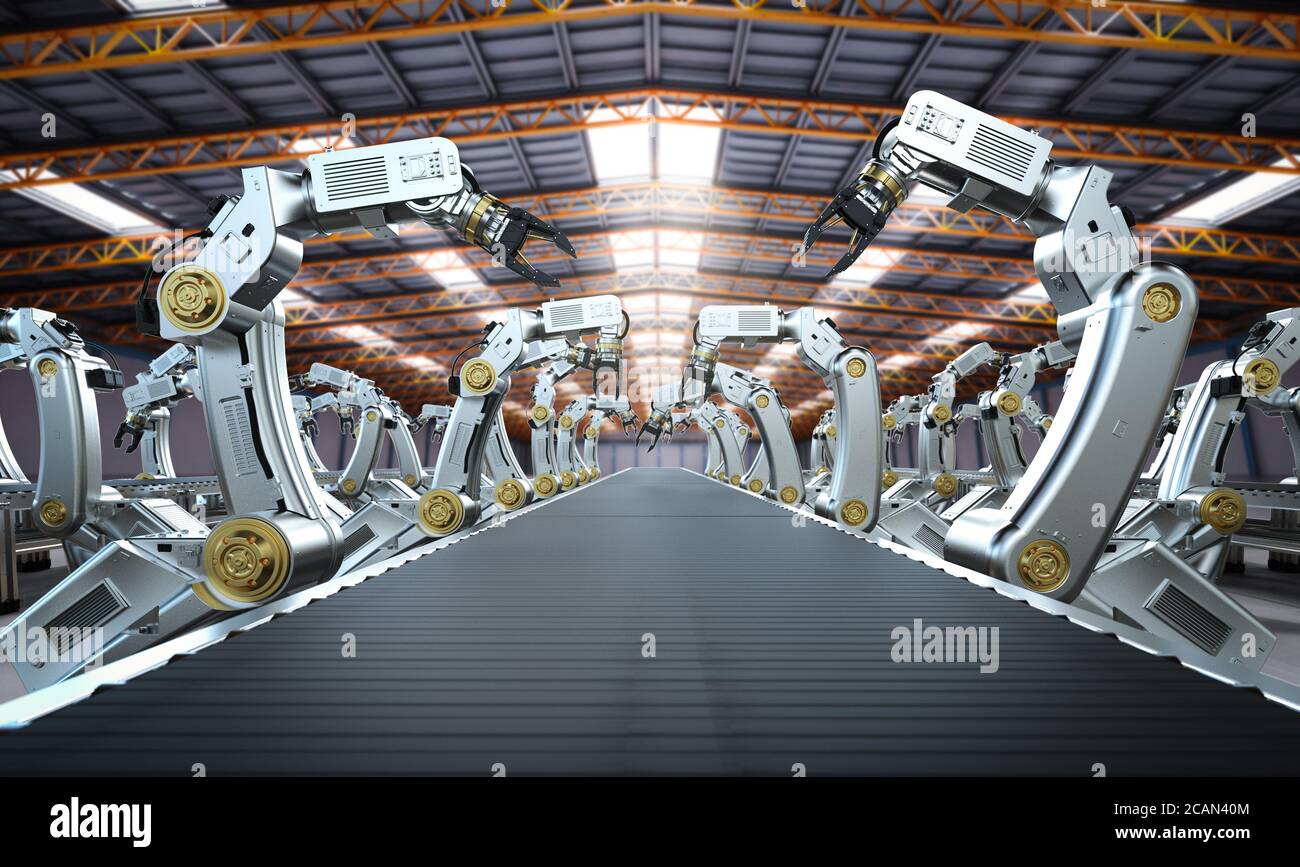Automation industry concept with 3d rendering robot assembly line in factory Stock Photo - Alamy