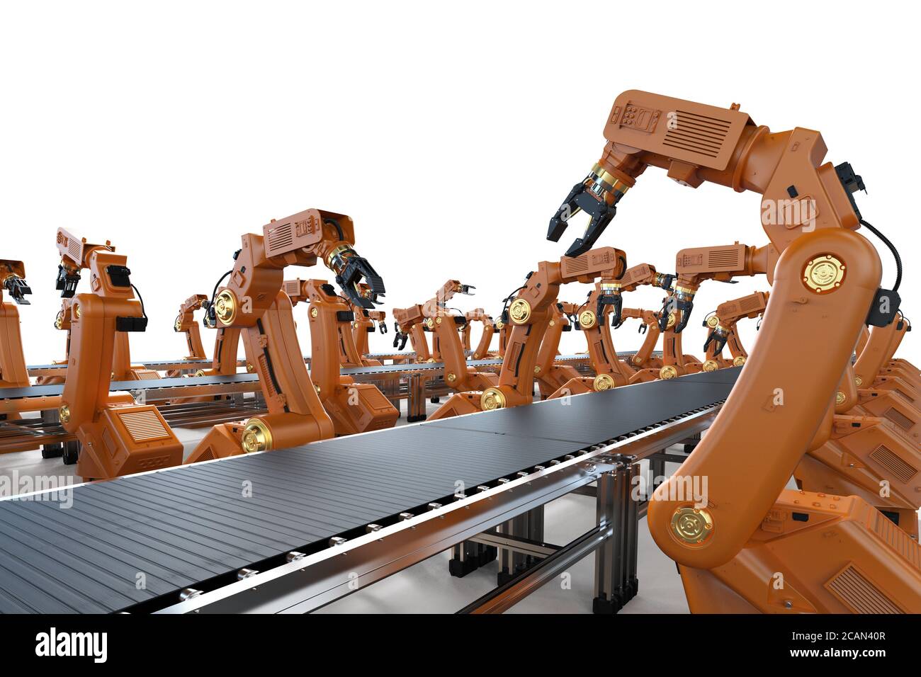 Automation industry concept with 3d rendering robot assembly line in ...