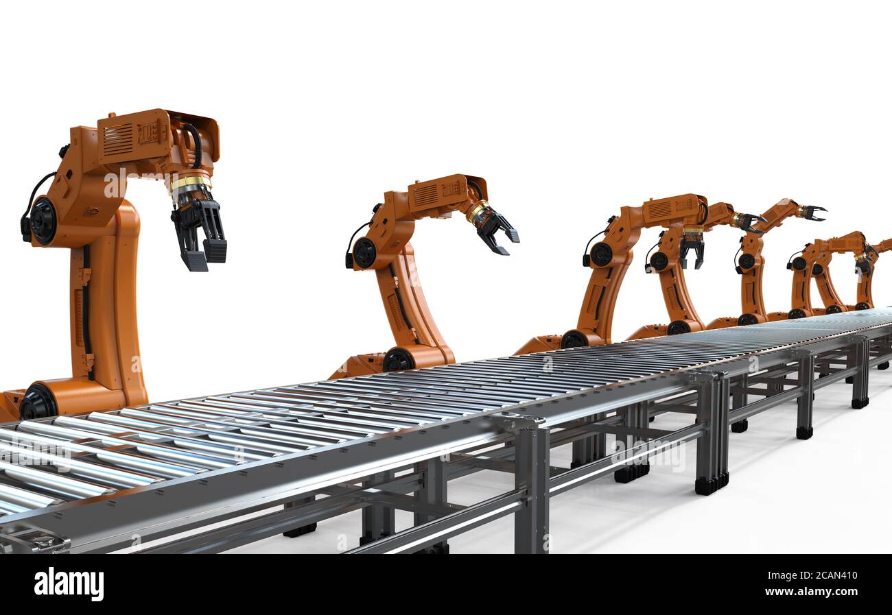 Automation industry concept with 3d rendering robot assembly line in ...