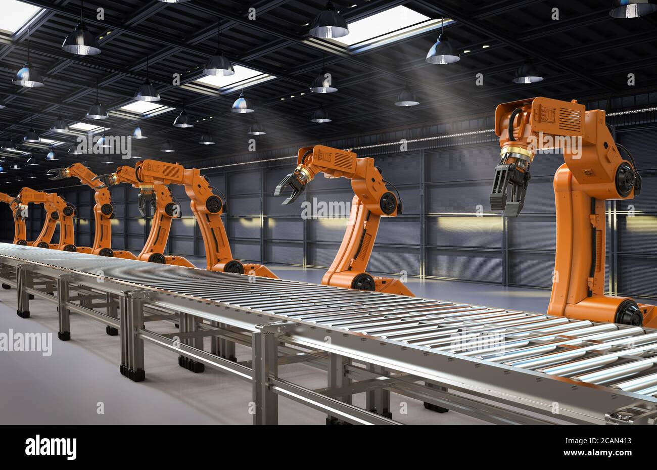 Automation industry concept with 3d rendering robot assembly line in ...