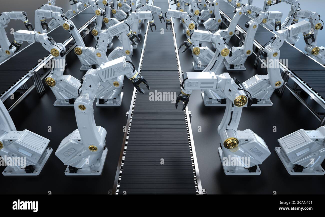 Automation industry concept with 3d rendering robot assembly line in factory Stock Photo - Alamy