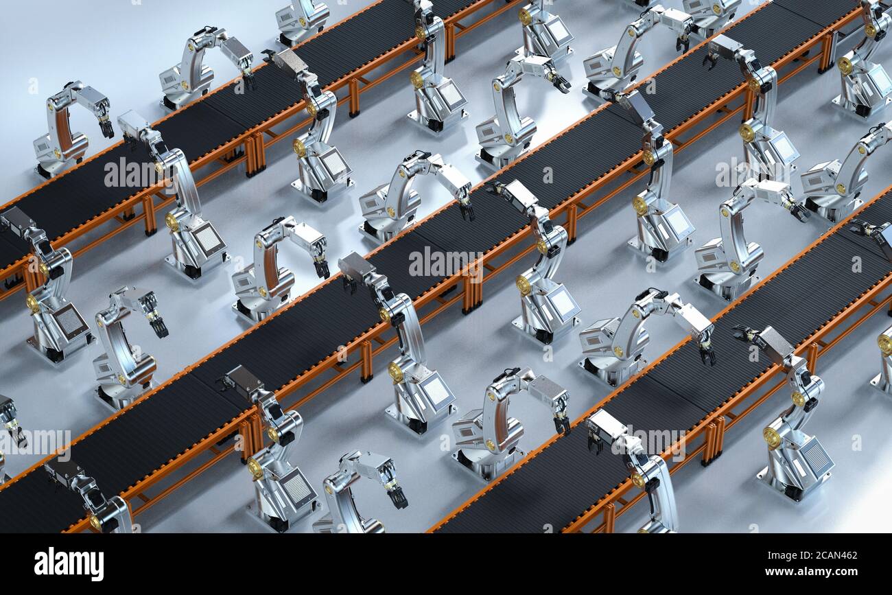 Automation industry concept with 3d rendering robot assembly line in ...