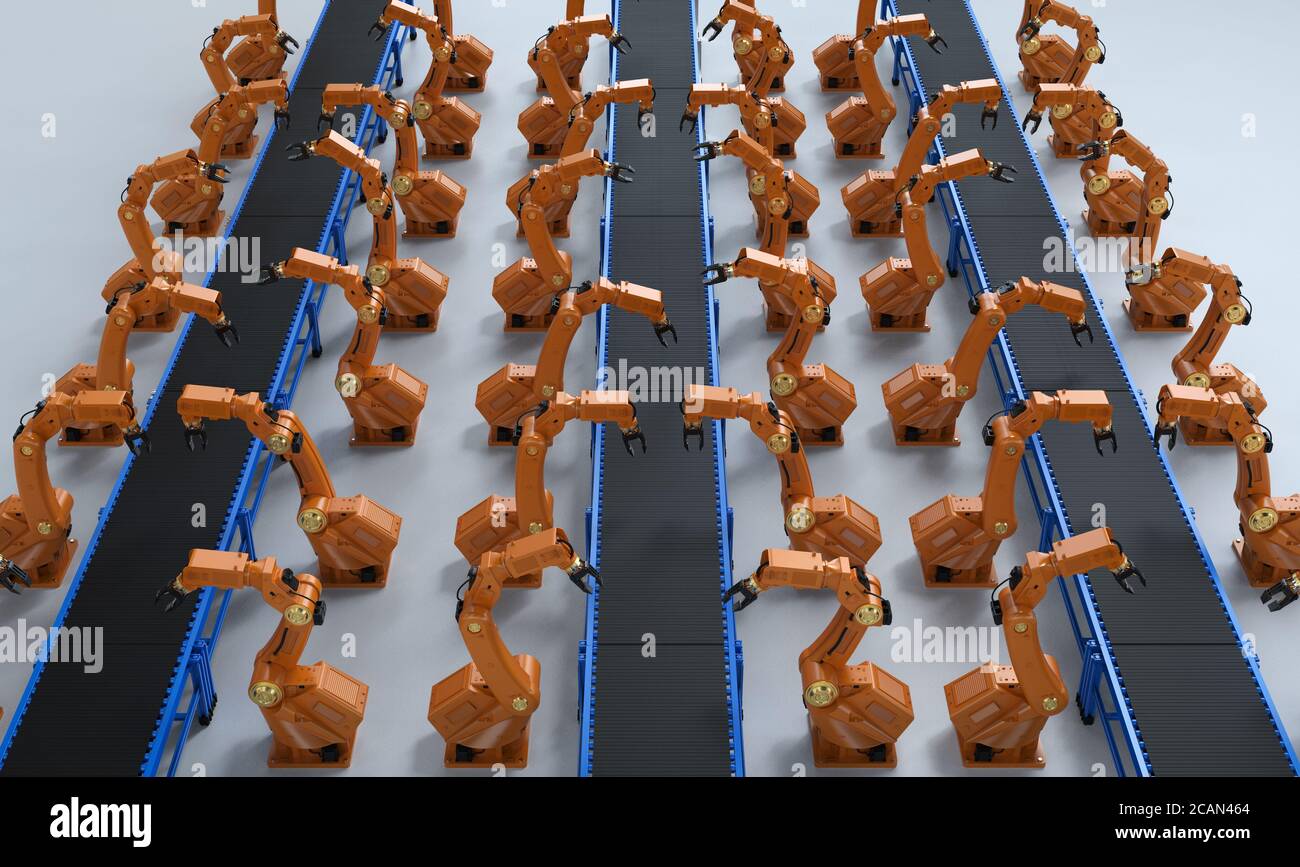 Automation industry concept with 3d rendering robot assembly line in factory Stock Photo - Alamy