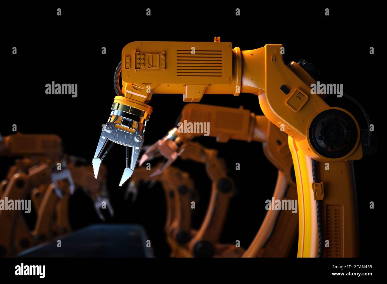 Automation industry concept with 3d rendering robot assembly line in ...