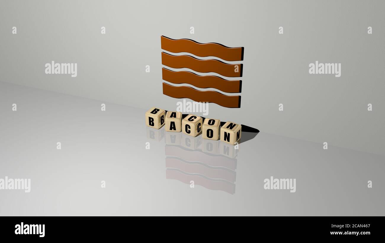 BACON text of cubic dice letters on the floor and 3D icon on the wall ...