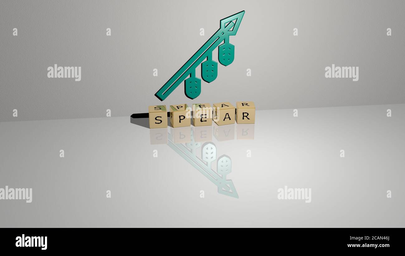 spear text of cubic dice letters on the floor and 3D icon on the wall. 3D illustration. ancient ...