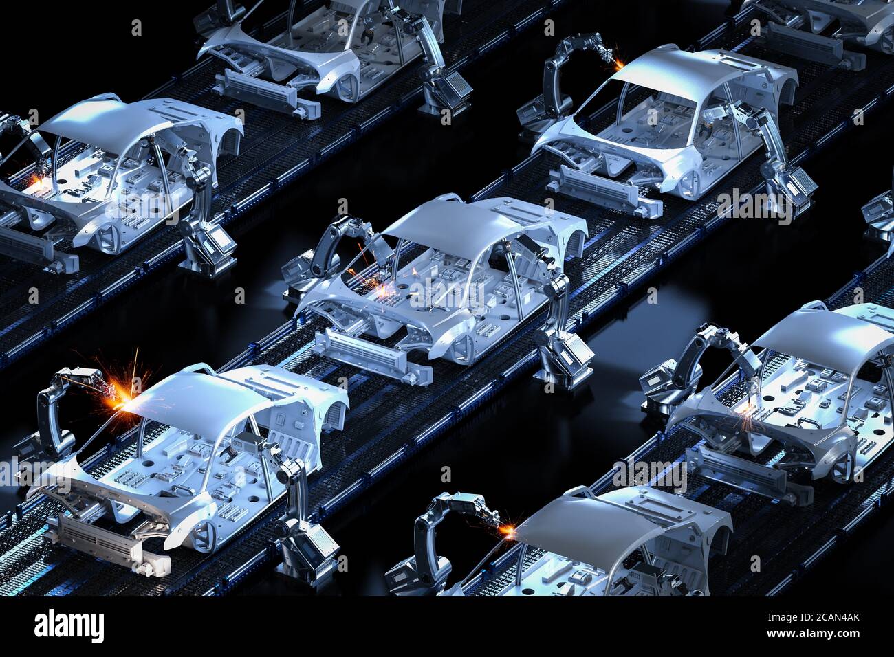 Automation aumobile factory concept with 3d rendering robot assembly ...