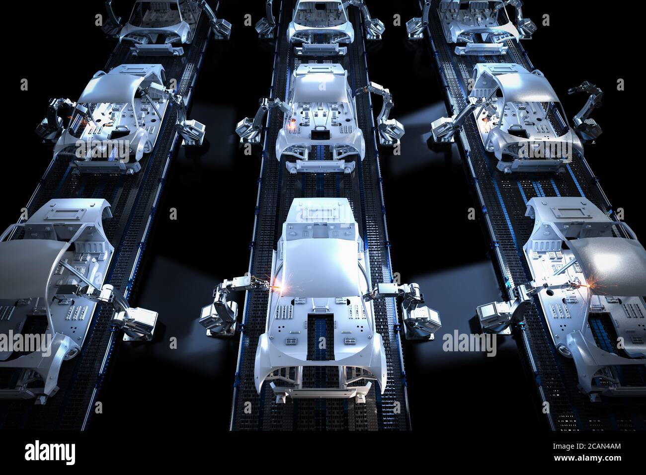 Automation aumobile factory concept with 3d rendering robot assembly ...