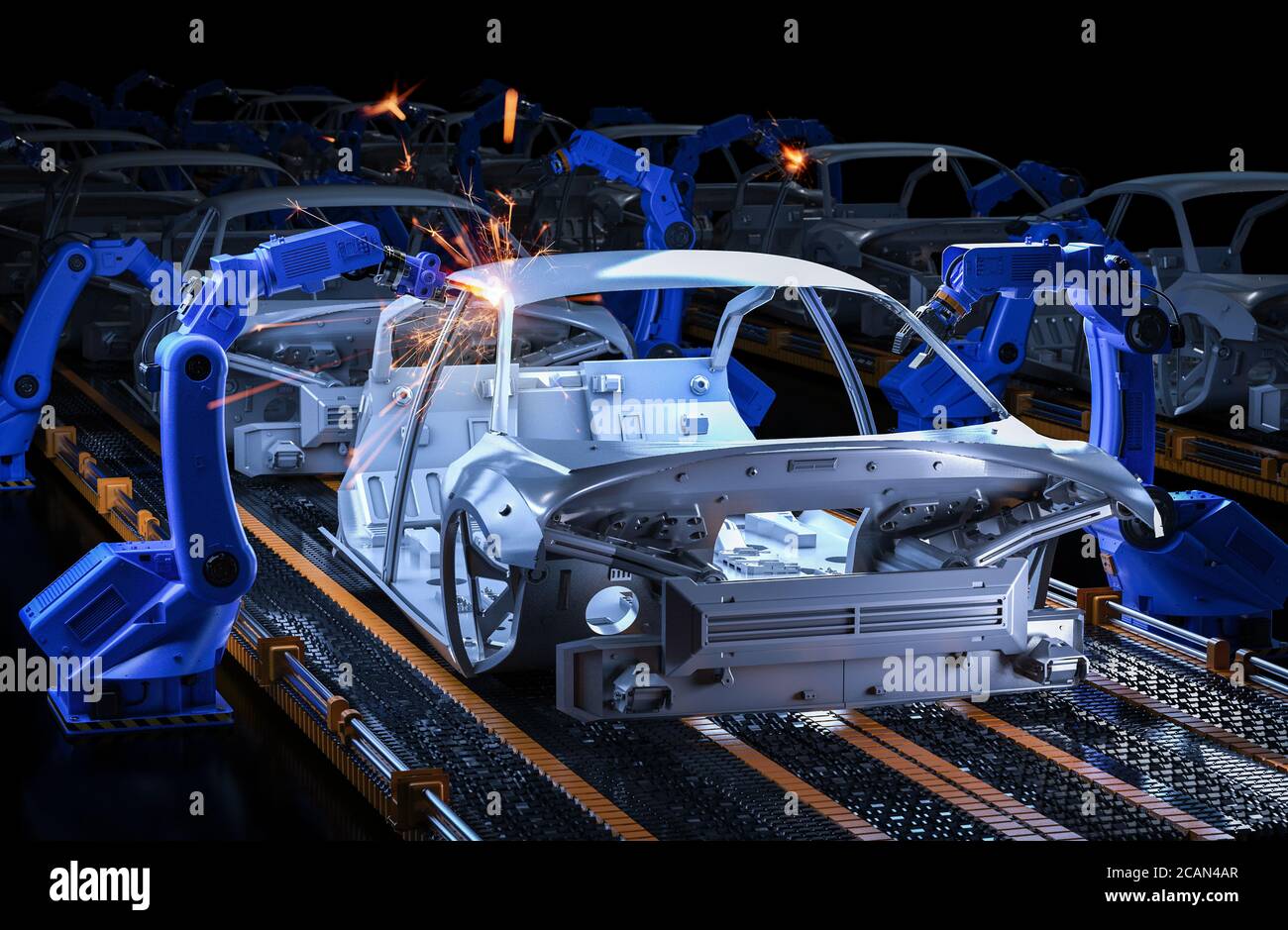 Automation aumobile factory concept with 3d rendering robot assembly ...