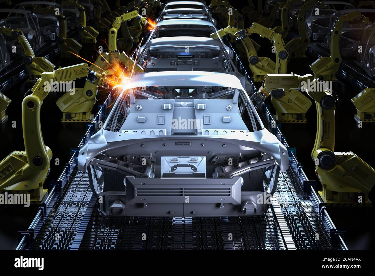 Automation aumobile factory concept with 3d rendering robot assembly ...