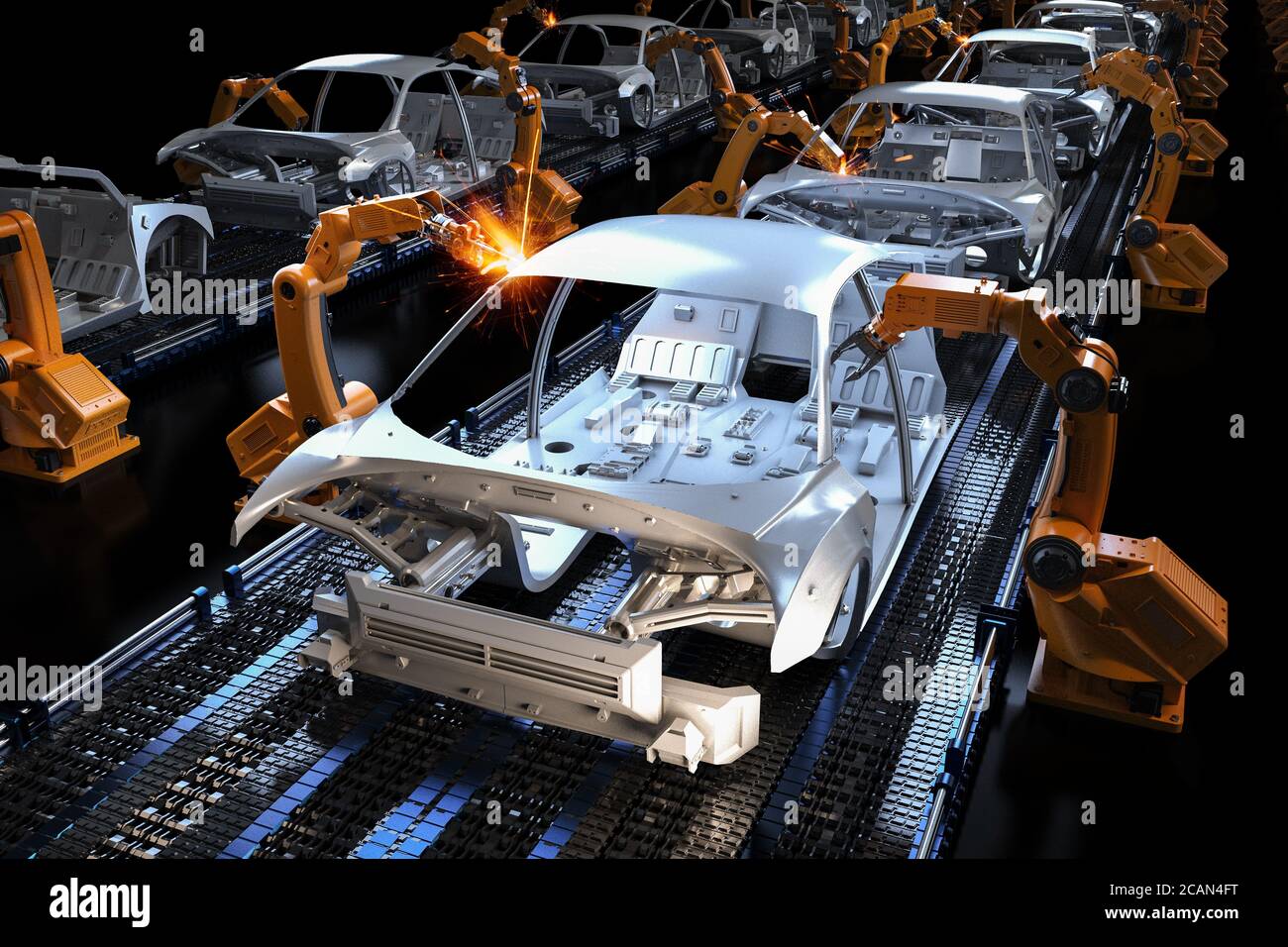 Automation aumobile factory concept with 3d rendering robot assembly ...