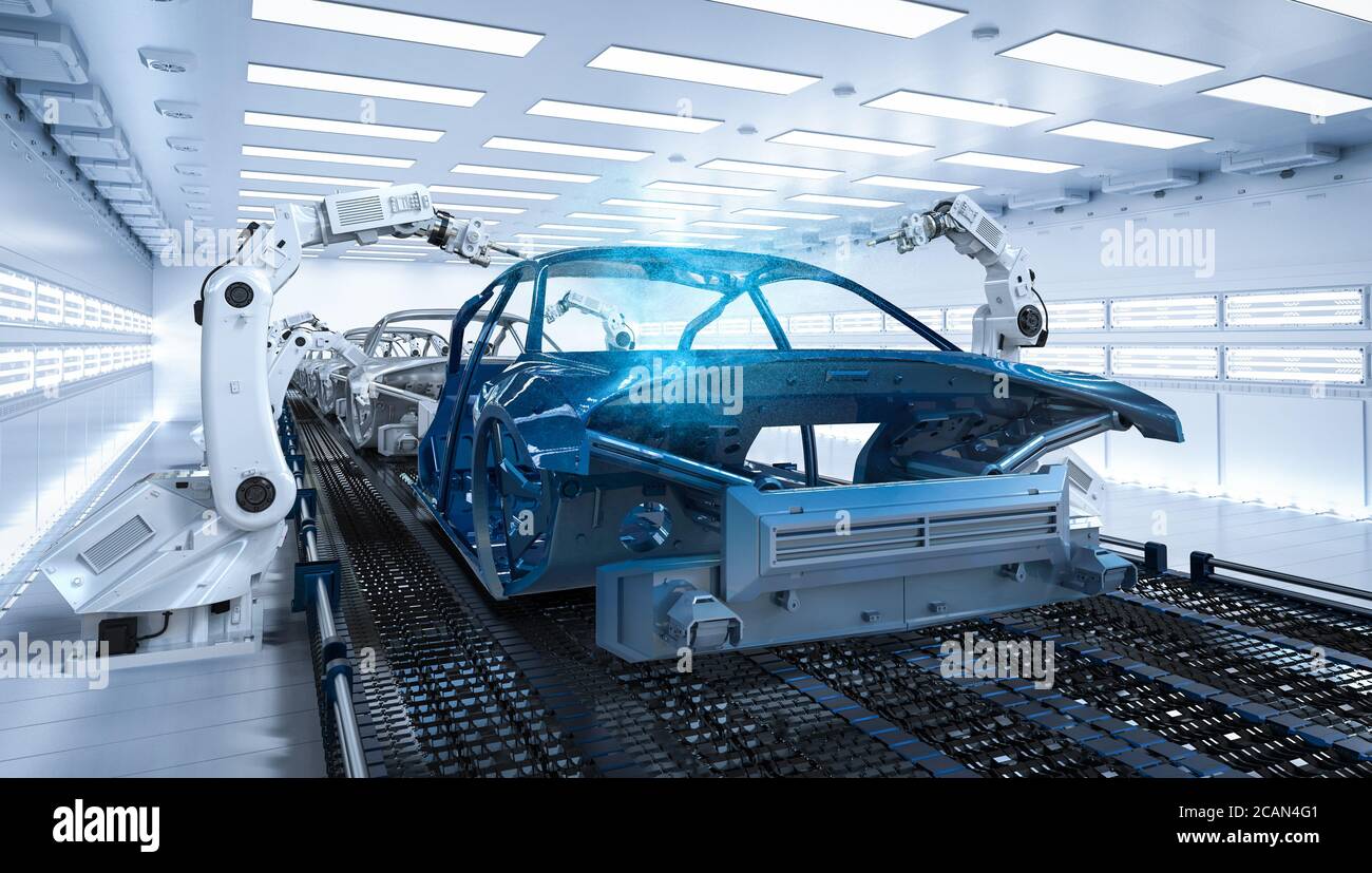 Automation aumobile factory concept with 3d rendering robot assembly ...