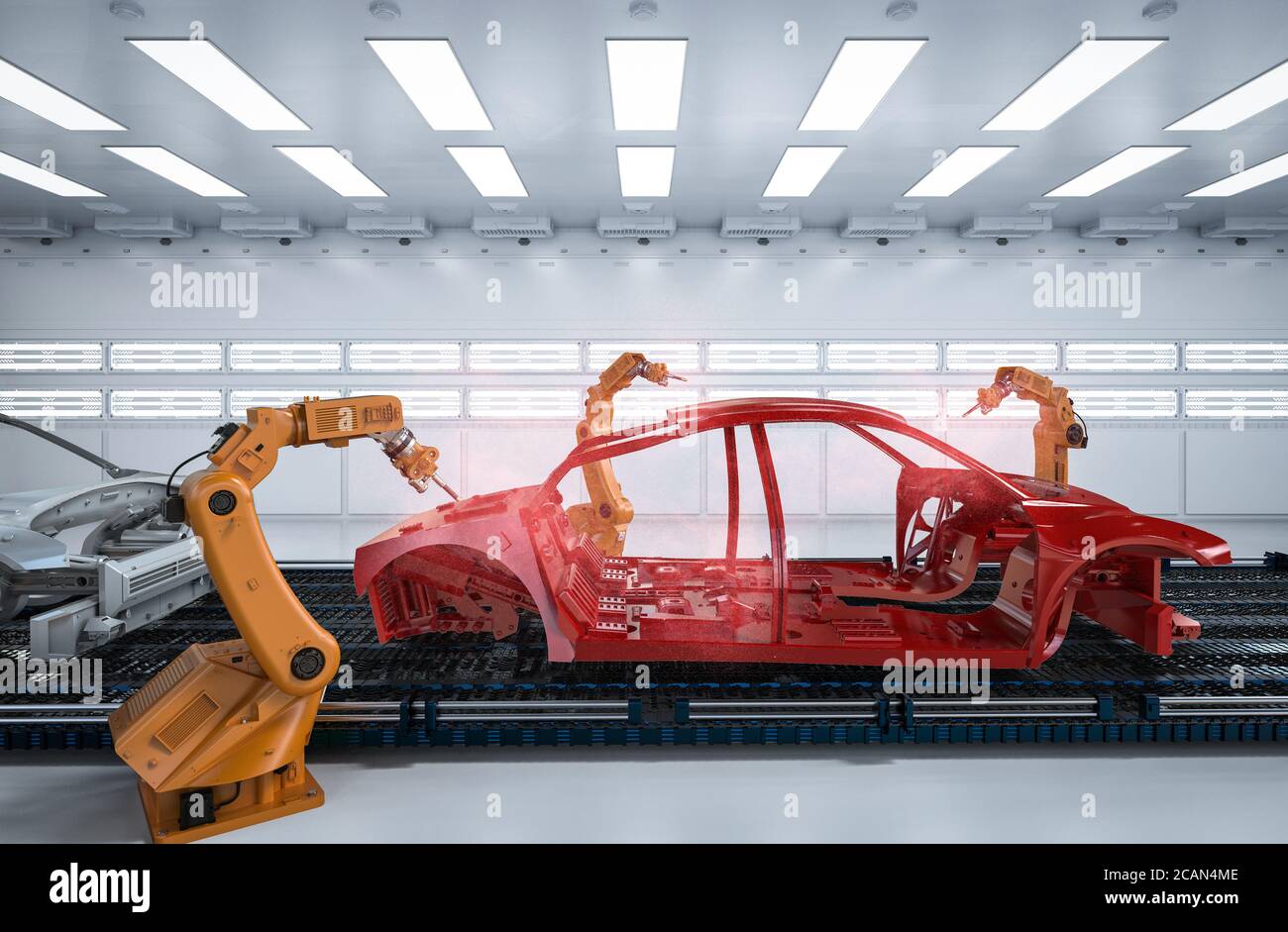 Automation aumobile factory concept with 3d rendering robot assembly ...