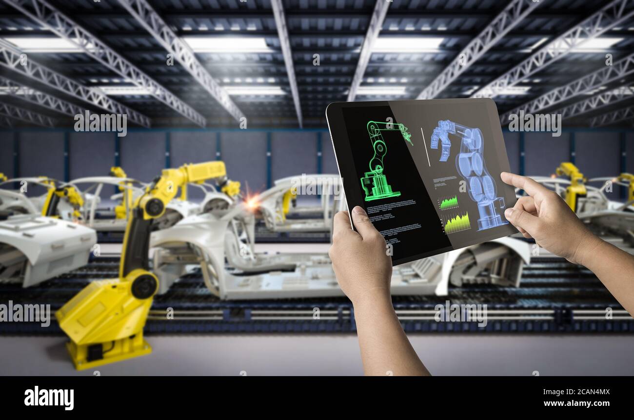 Automation aumobile factory concept with 3d rendering robot assembly ...