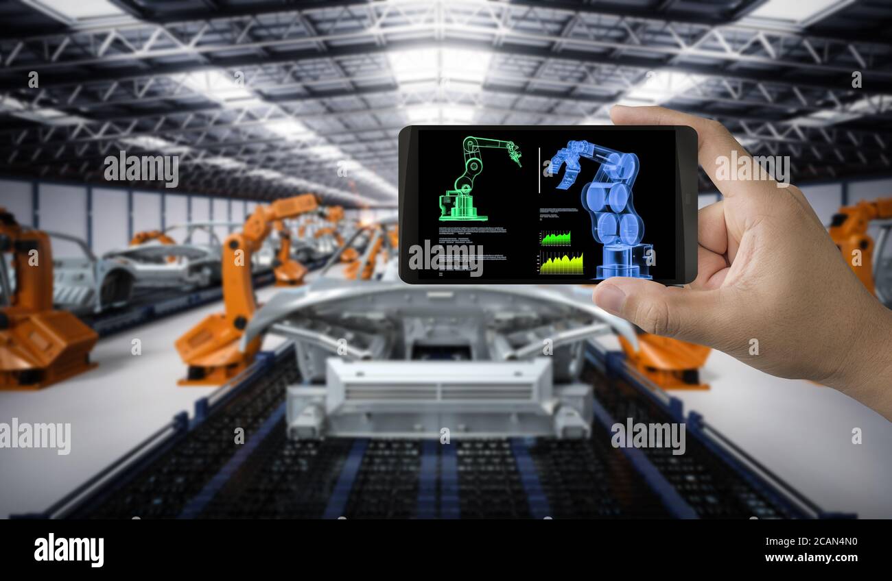 Automation aumobile factory concept with 3d rendering robot assembly ...