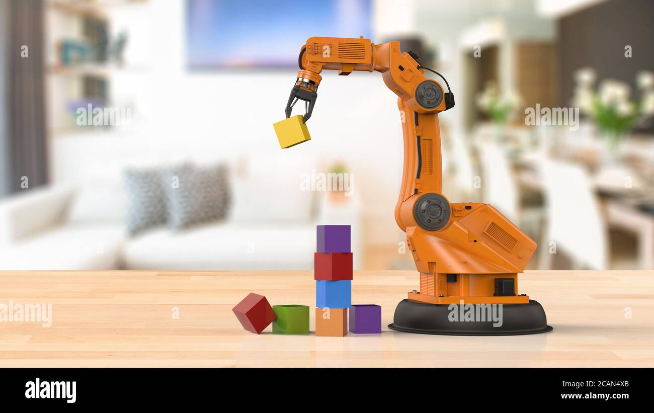 3d rendering robotic arm arrange toy blocks in house Stock Photo - Alamy