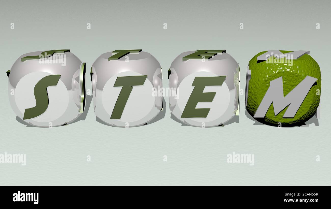 STEM text by cubic dice letters. 3D illustration. background and green ...