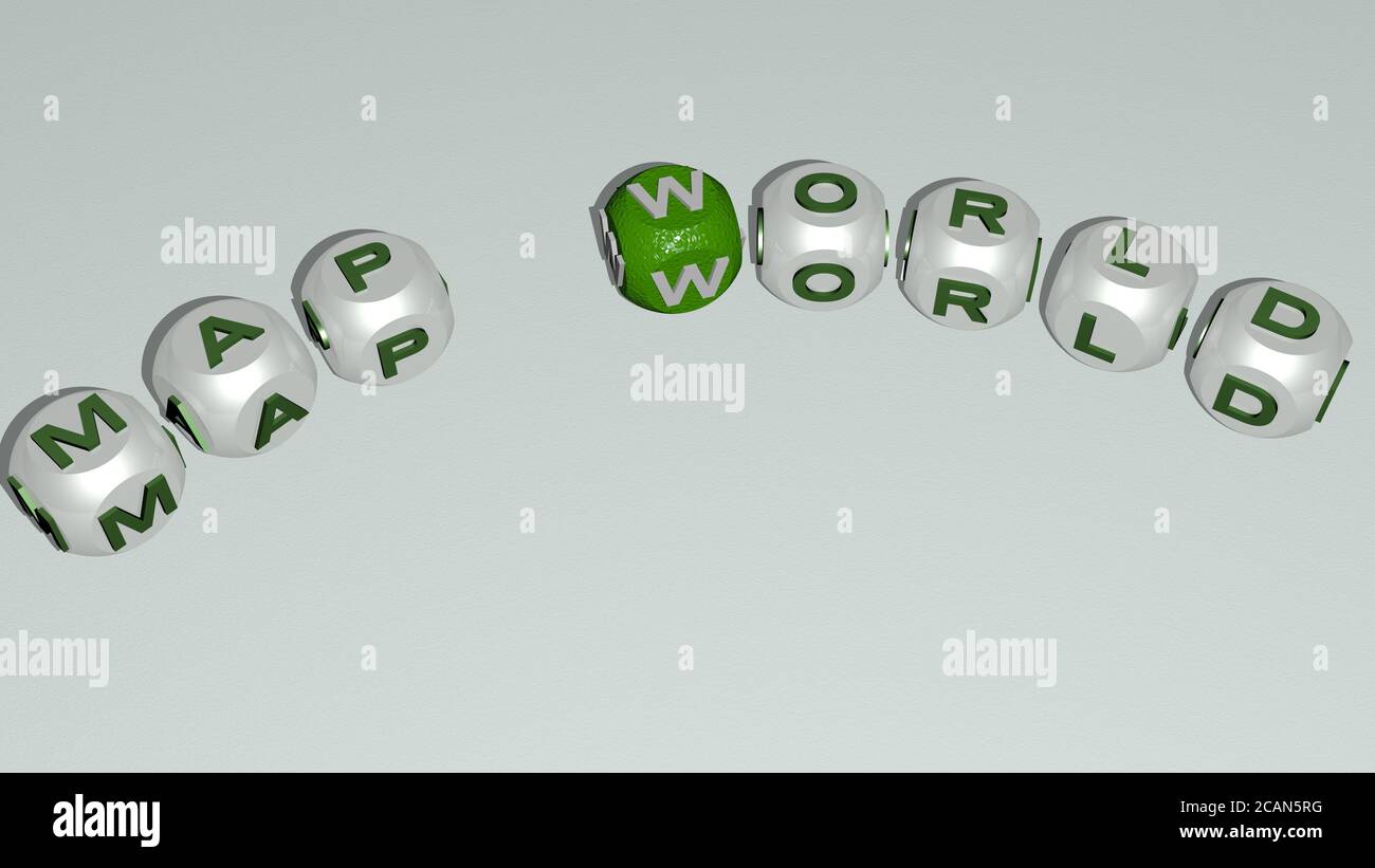 map world text of dice letters with curvature. 3D illustration ...