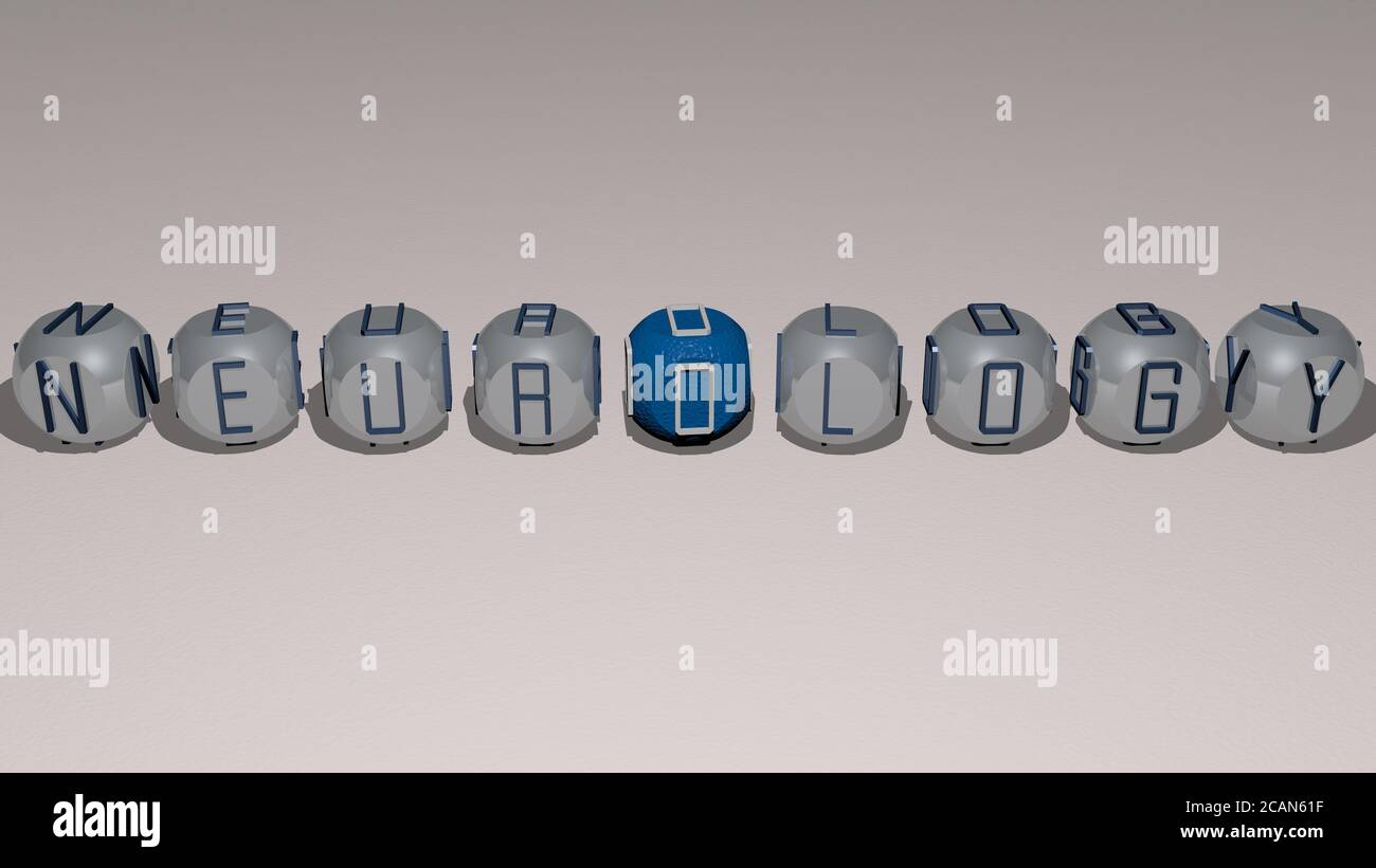 Neurology text by cubic dice letters. 3D illustration. brain and ...