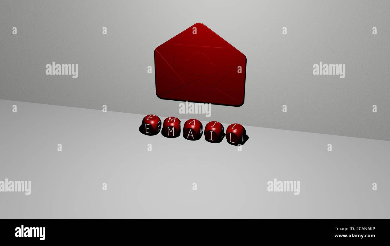 email 3D icon on the wall and text of cubic alphabets on the floor. 3D ...