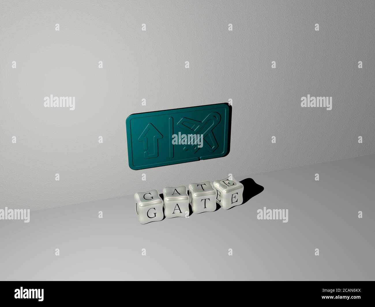 GATE 3D icon on the wall and cubic letters on the floor. 3D ...