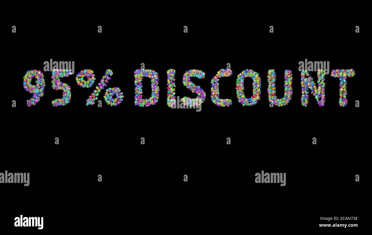 Colorful 3D writing of % DISCOUNT text with small objects over a dark ...