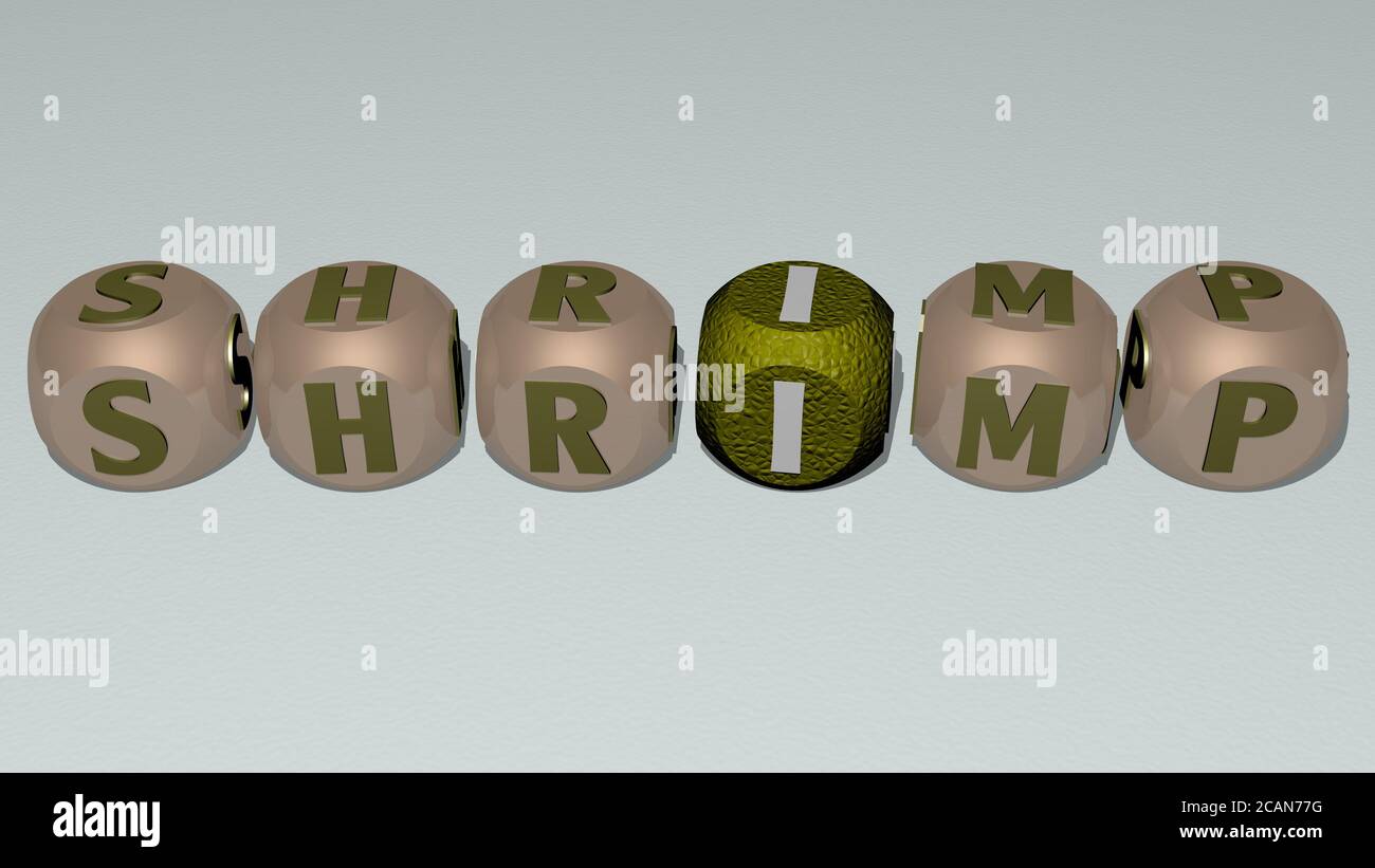 shrimp text by cubic dice letters. 3D illustration. food and background ...