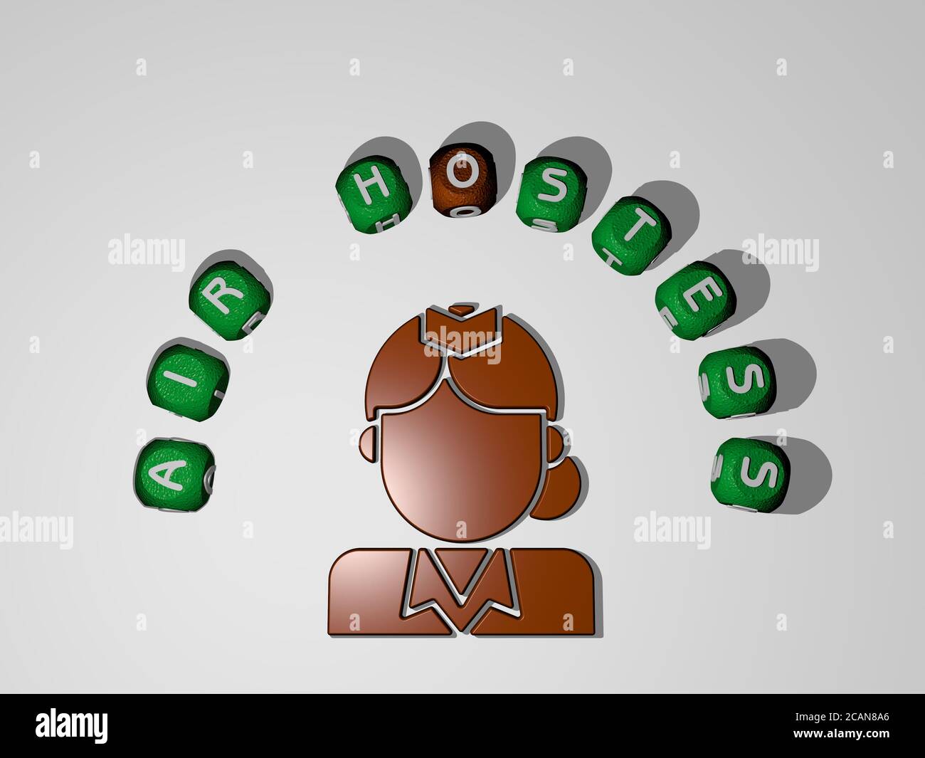 air hostess icon surrounded by the text of individual letters. 3D ...