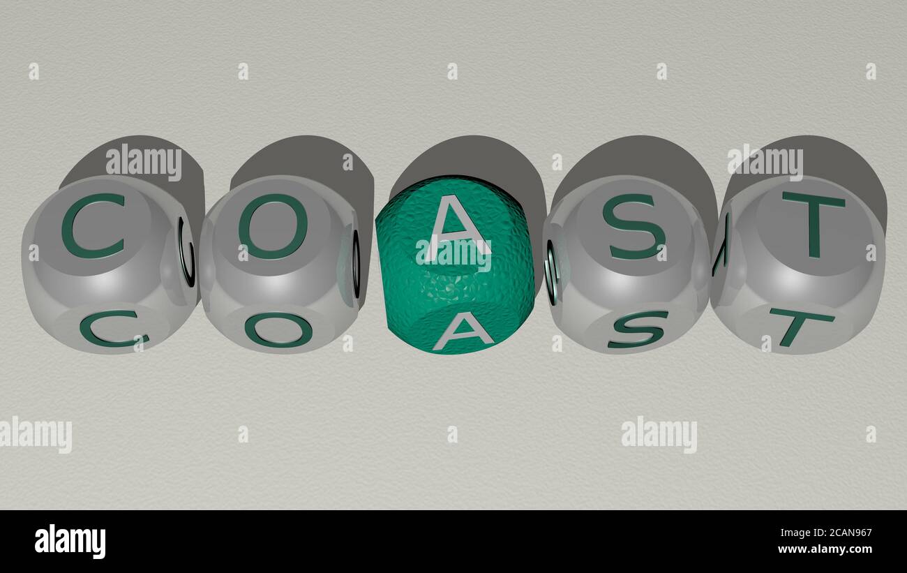 COAST text by cubic dice letters. 3D illustration. beach and blue Stock ...