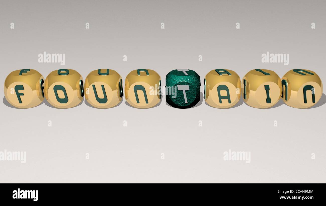 fountain text by cubic dice letters. 3D illustration. architecture and ...