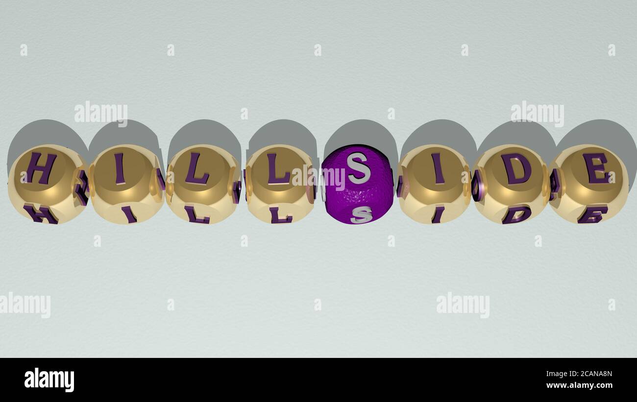 HILLSIDE text by cubic dice letters. 3D illustration. landscape and ...